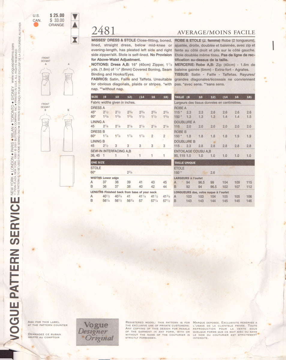 Vogue 2481 Sewing Pattern Dress and Stole Size 8-10-12, Cut, Complete ...