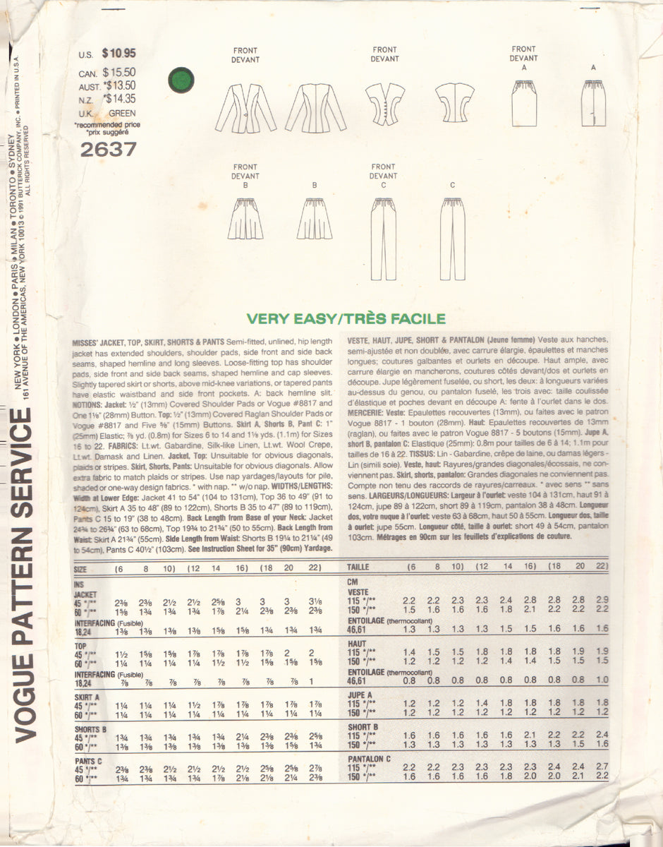 Vogue 2367 Sewing Pattern, Misses' Jacket Top Skirt Shorts & Pants, Si ...