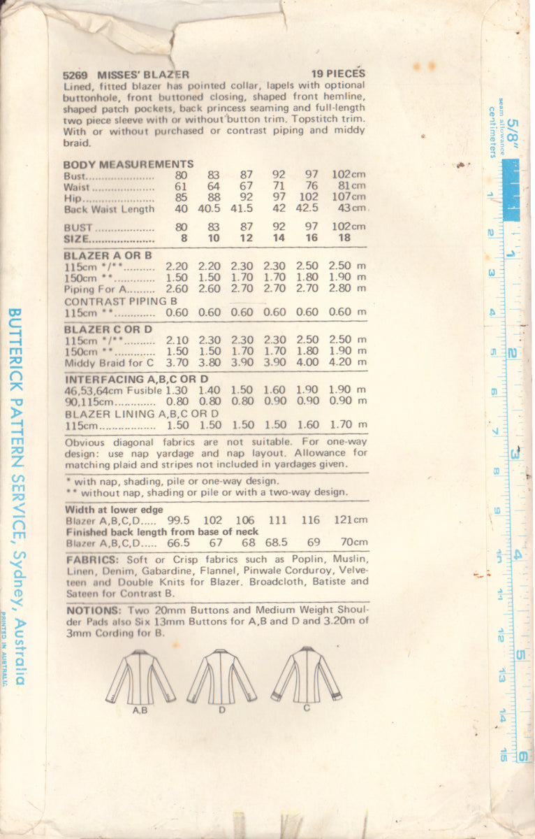 Butterick 5269 Sewing Pattern, Lined Blazer, Size 14, Cut, Complete ...