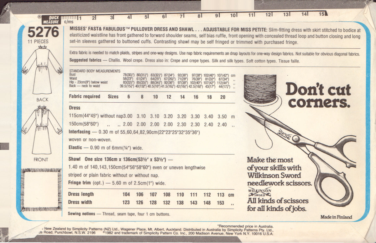 Simplicity 5276 Sewing Pattern, Dress and Shawl, Size 16-18-20, Cut, C ...