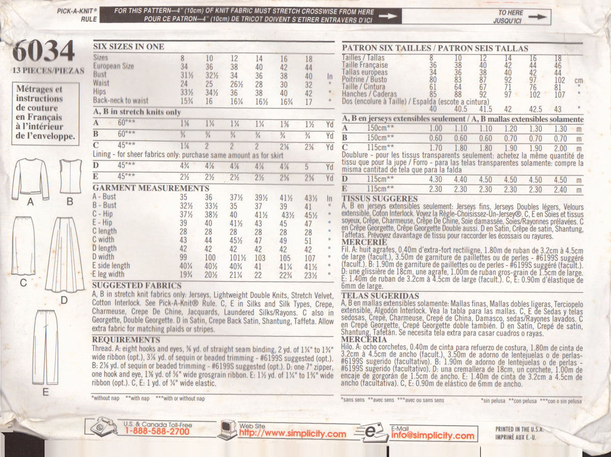 New Look 6034 Sewing Pattern Top, Skirt and Pants, Size 8-18, Uncut, F ...