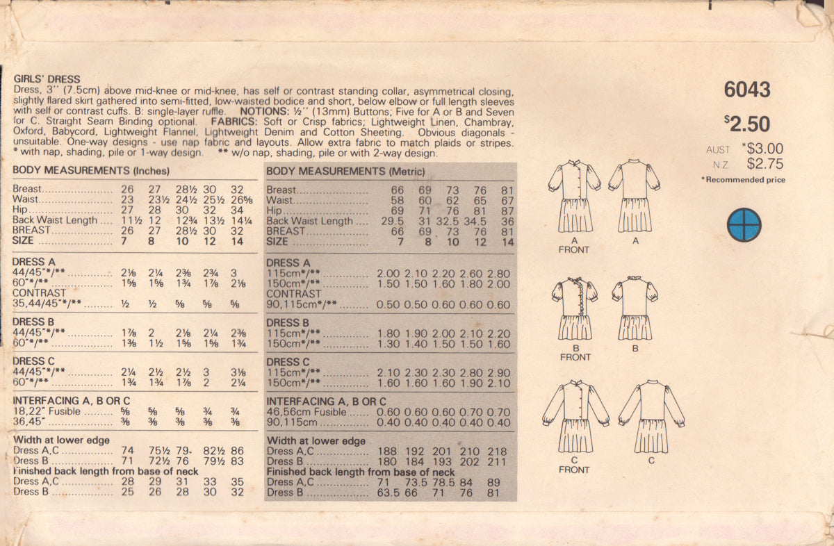 McCall's 6043 Sewing Pattern, Girls' Dress, Size 7-8, Cut, Complete ...