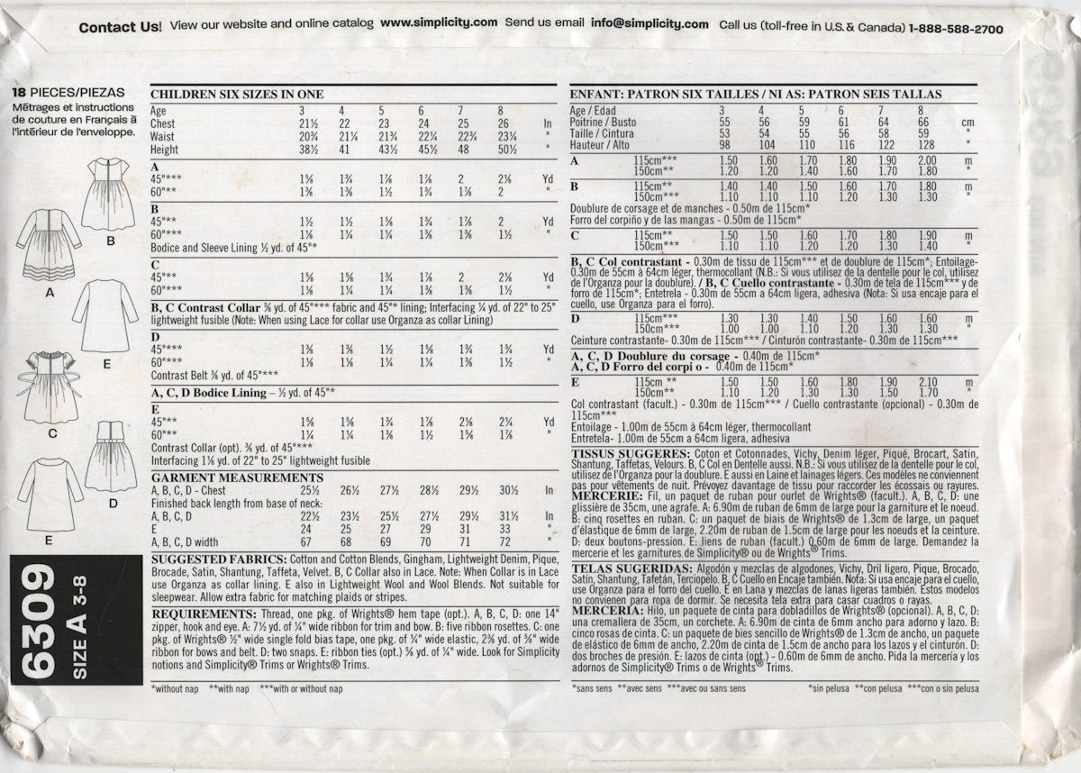 New Look 6309 Child's Dress with Style Variations, Uncut, Factory Fold ...