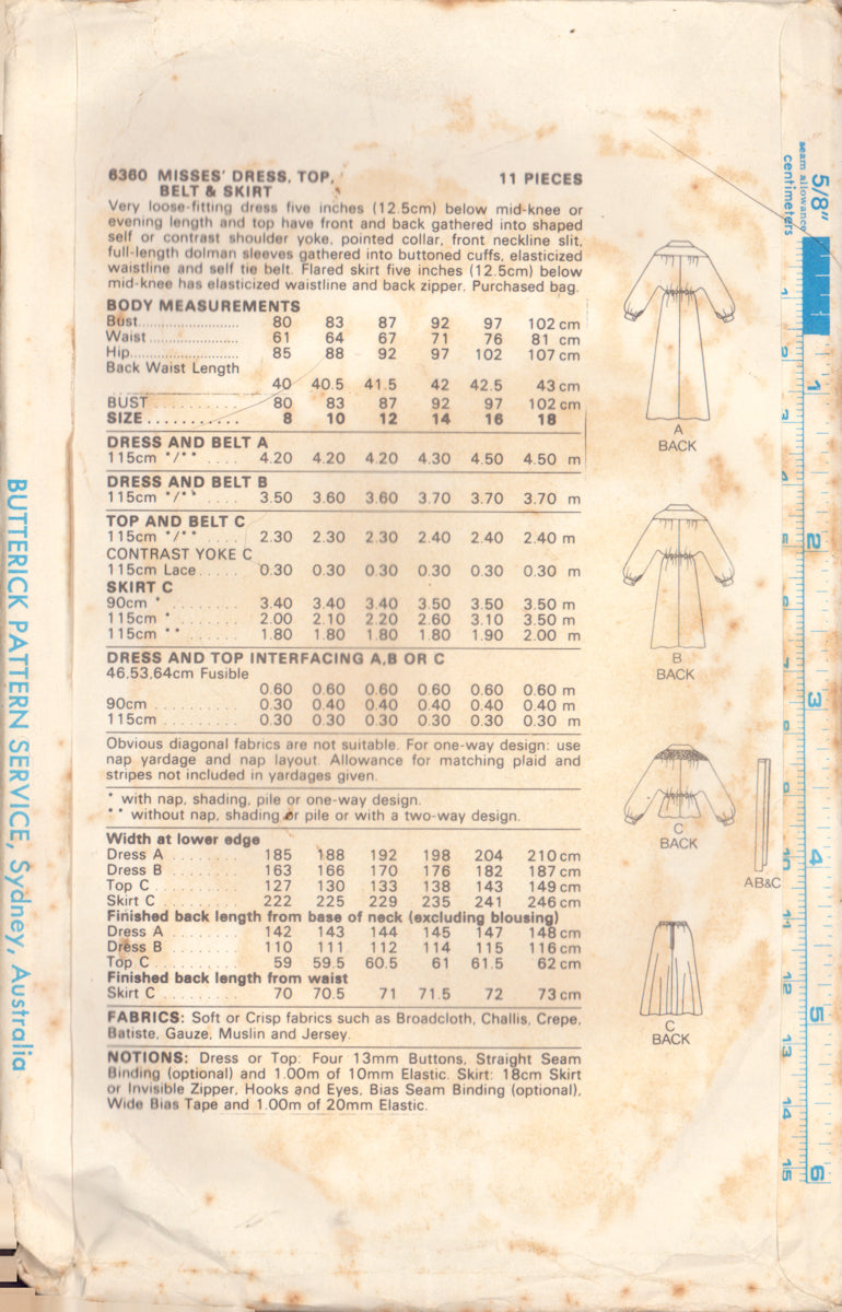 Butterick 6360 Sewing Pattern, Dress, Top, Belt and Skirt 14, Cut, Com ...
