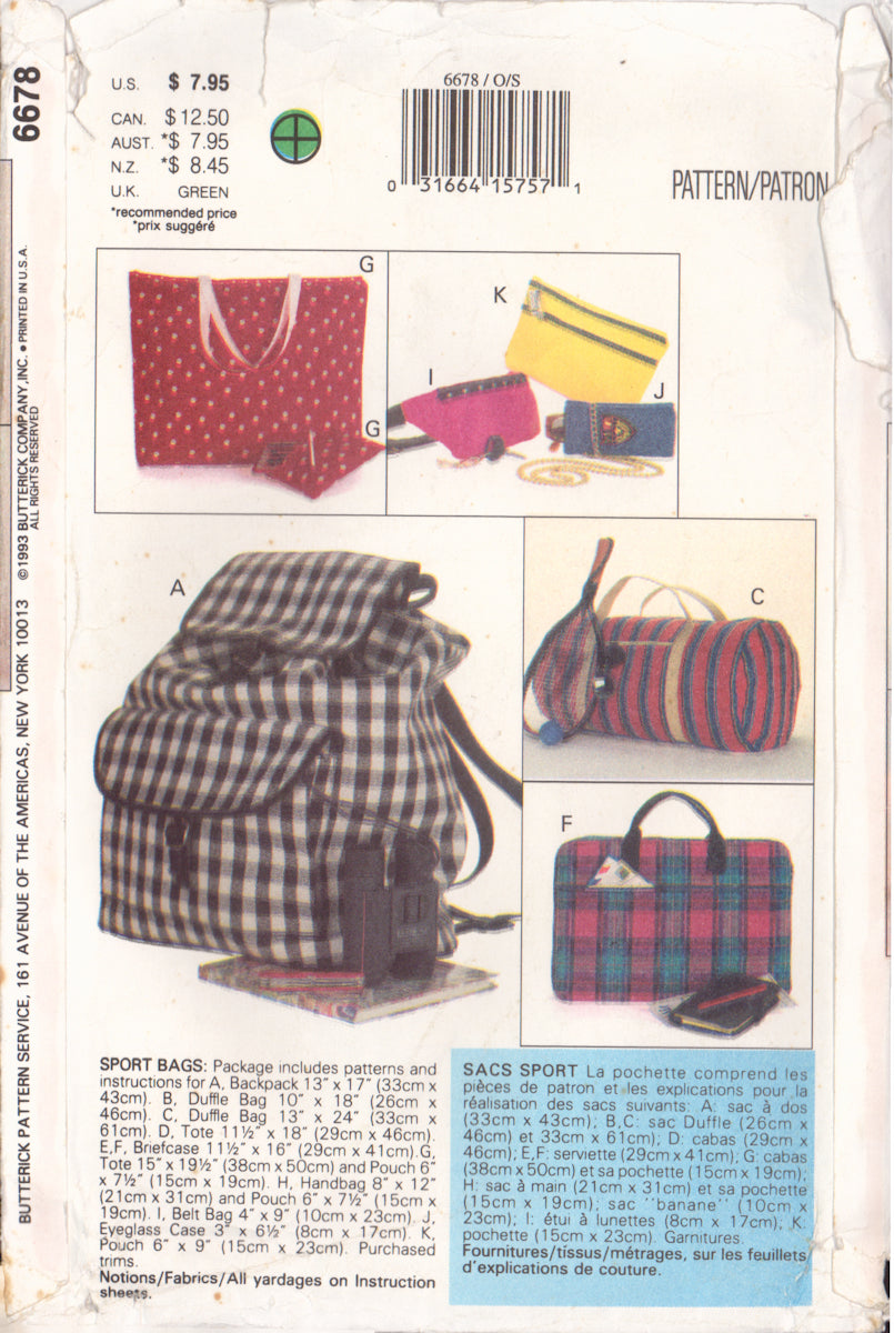 Butterick 6678 Sewing Pattern, Sports Bags, Cut, Complete – Patterns ...