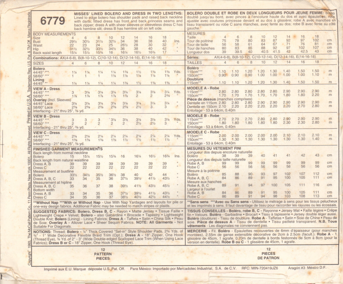 McCall's 6779 Sewing Pattern, Bolero and Dress, Size 8-10-12, Partiall ...