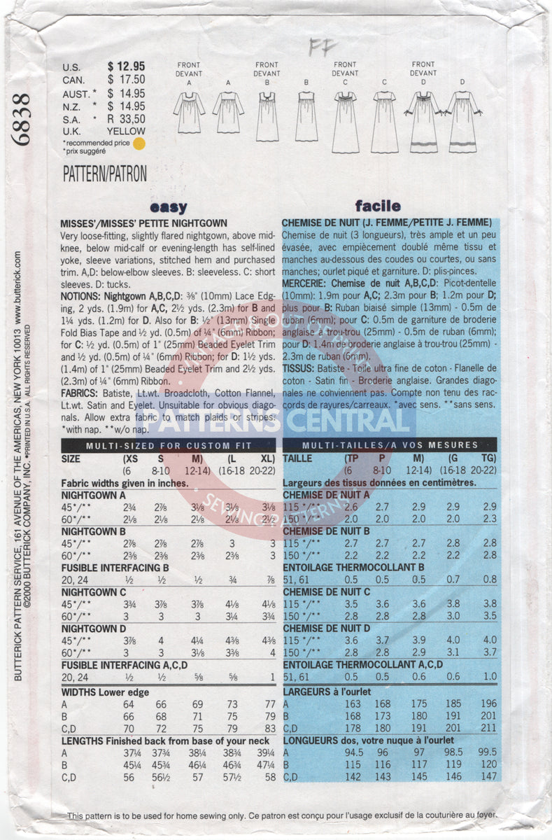 Butterick 6838, Loose Fitting Nightgown in Three Lengths , Uncut, Fact ...