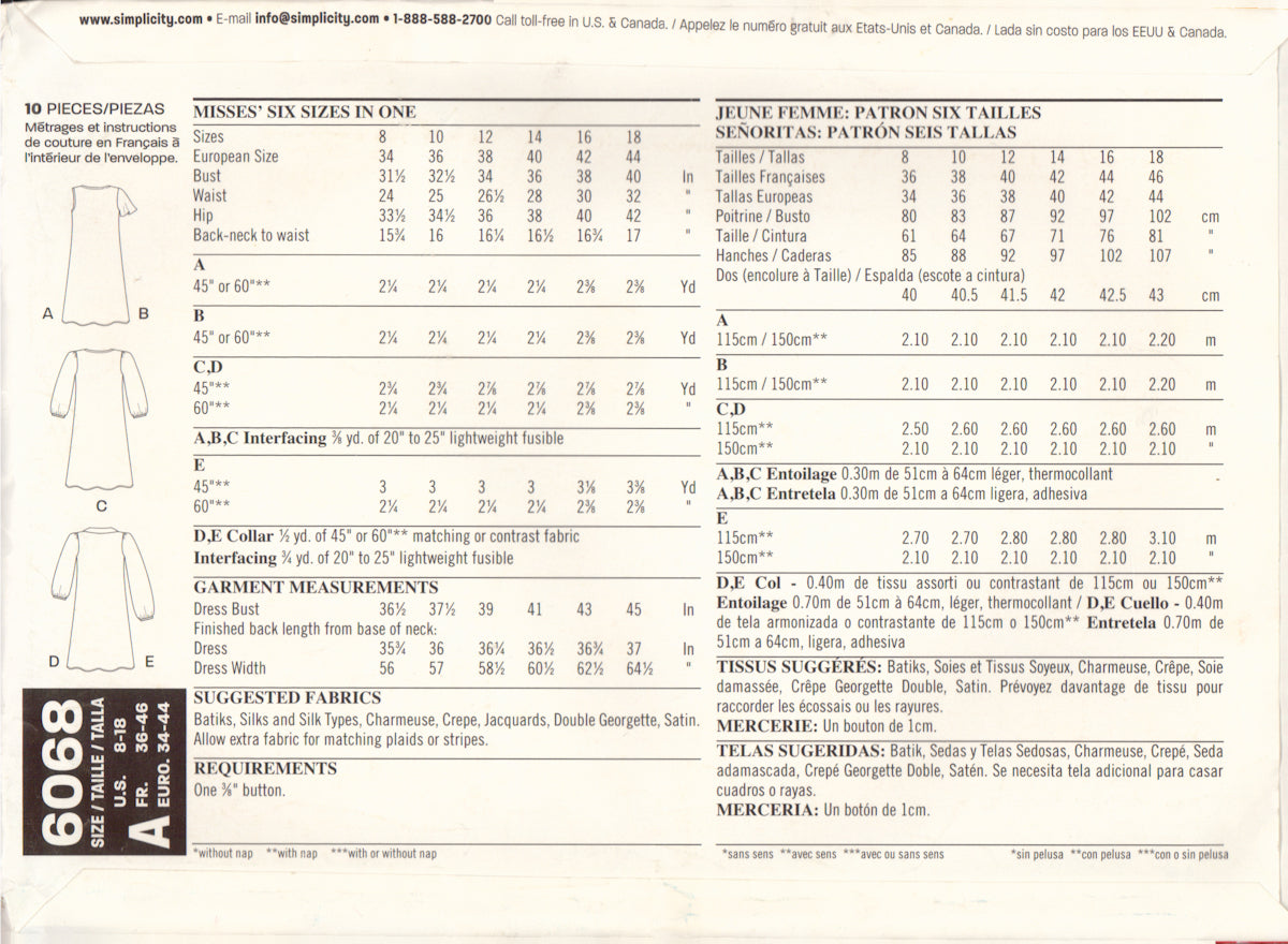 New Look 6068 Sewing Pattern, Dress, Sizes 8 and 12, Cut, Incomplete ...