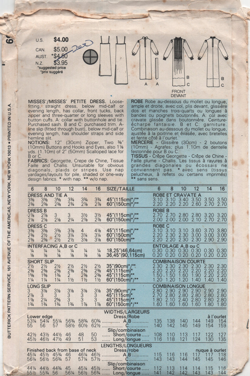 Butterick 6945 Front Tucked Dress and Slip in Two Lengths, Uncut, Fact ...