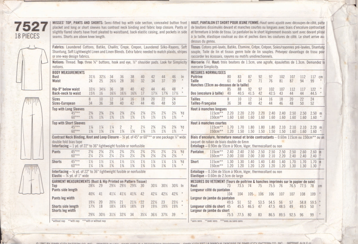 Simplicity 7527 Sewing Pattern Top Pants Shorts Size 8-10-12 Uncut Fac ...