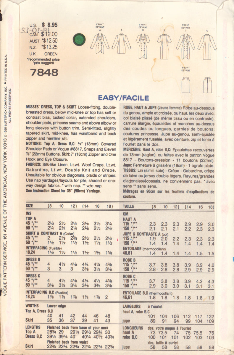 Vogue 7848 Sewing Pattern, Dress, Top and Skirt, Size 8-10, Cut, Compl ...