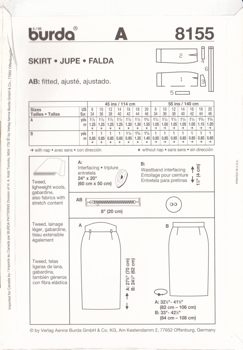 Burda 8155 Sewing Pattern, Skirt, Size 8-20, Uncut, Factory Folded ...