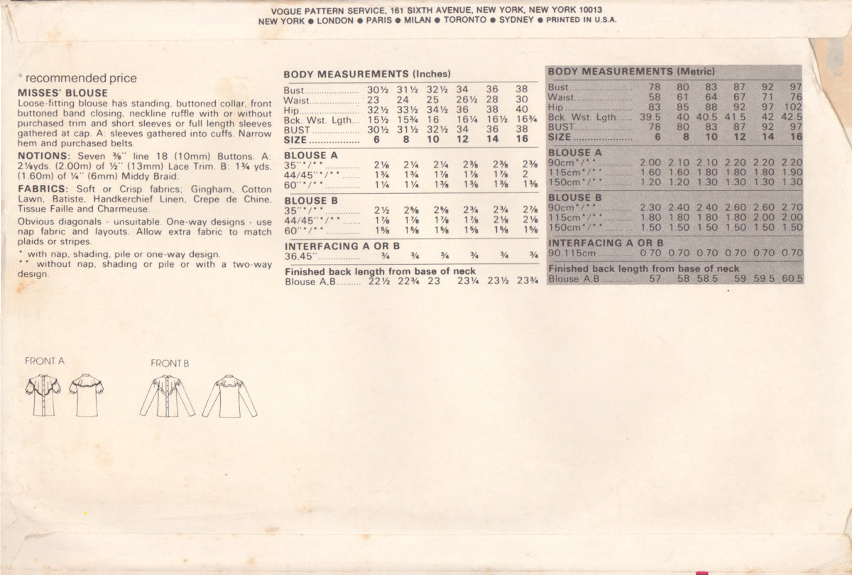 Vogue 8212 Sewing Pattern, Size 12, Blouse, Cut, Complete – Patterns ...