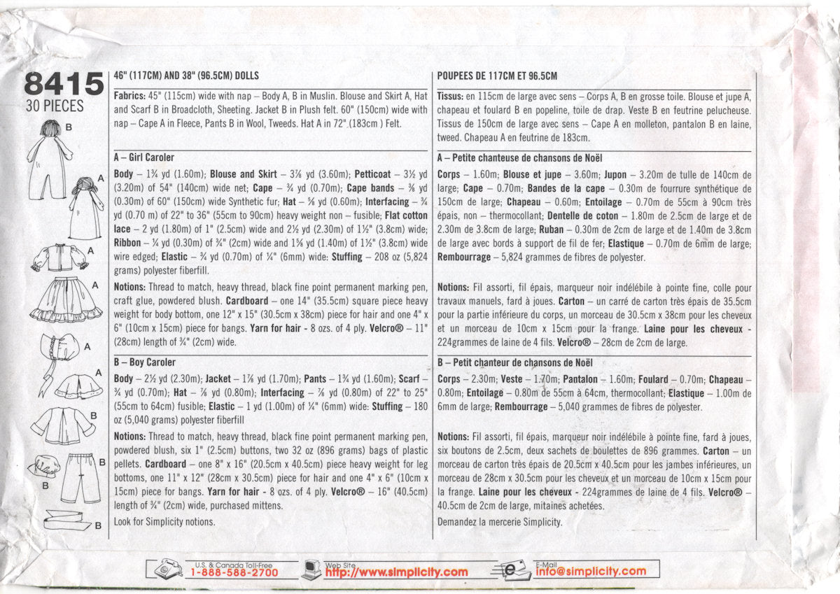 Simplicity 8415 Faith van Zanten 45" and 38" Christmas Caroling Dolls ...