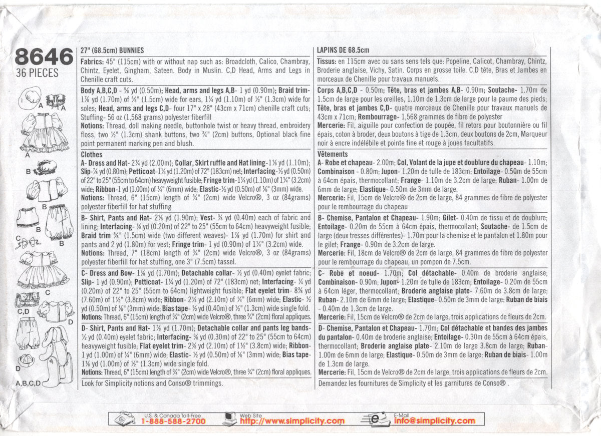 Simplicity 8646 Faith van Zanten 27" Soft Toy Bunnies, Uncut, Factory ...