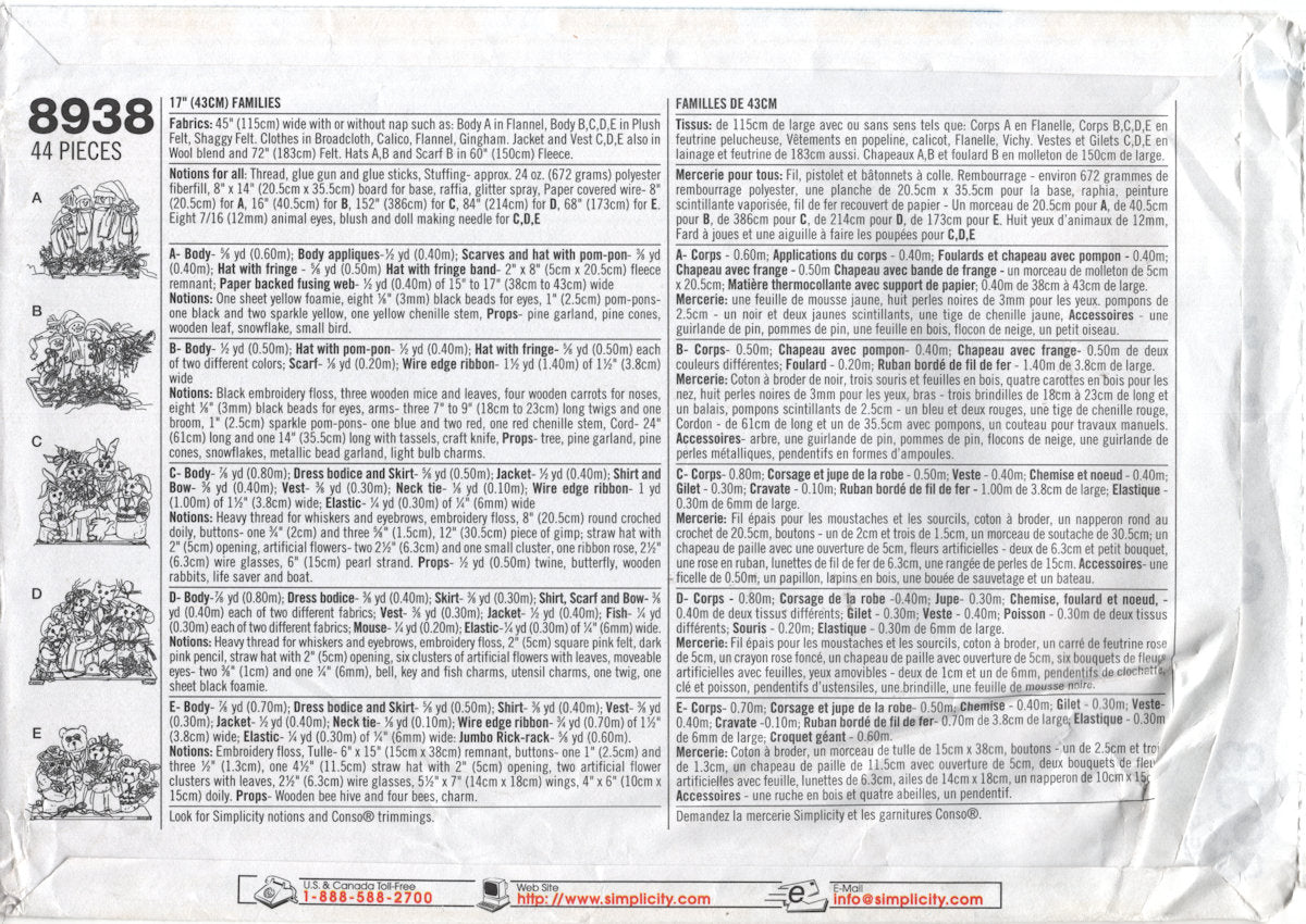 Simplicity 8938 Sunrise Designs 17" (43 cm) Soft Toy Families, Uncut ...