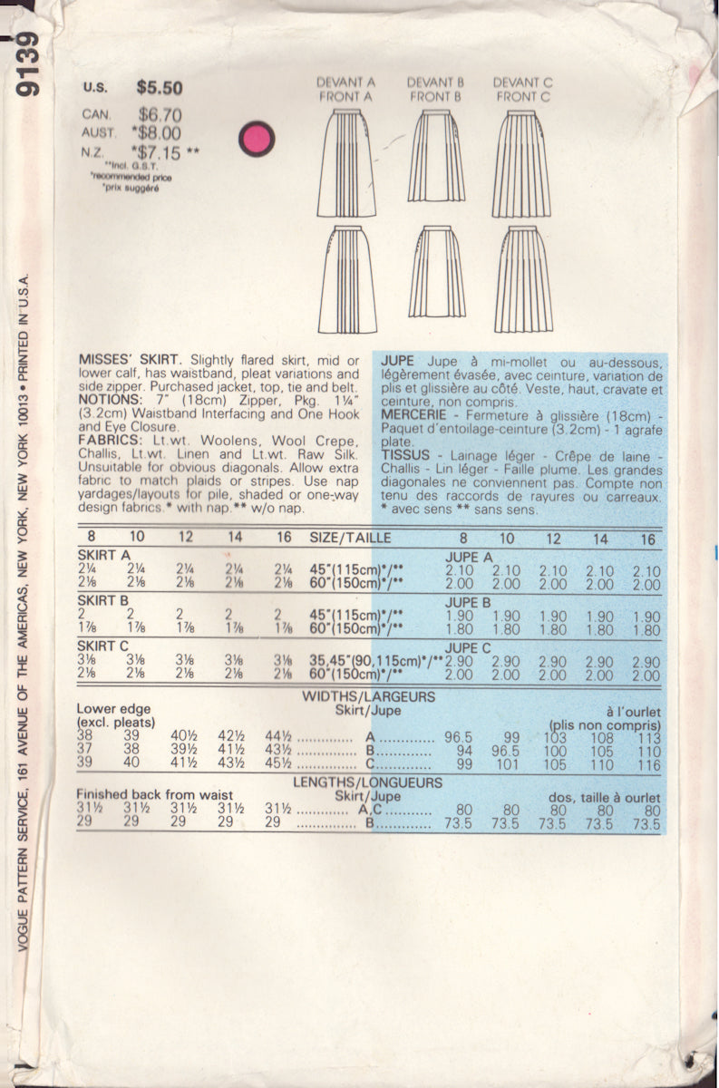 Vogue 9139 Sewing Pattern, Misses' Skirts, Size 12, Partially Cut, Com ...