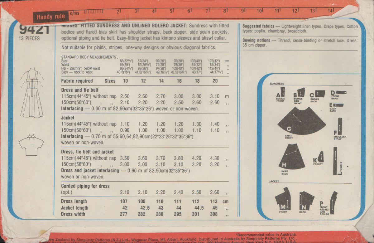 Simplicity 9421 Sewing Pattern, Sundress And Bolero Jacket, Size 12, C ...