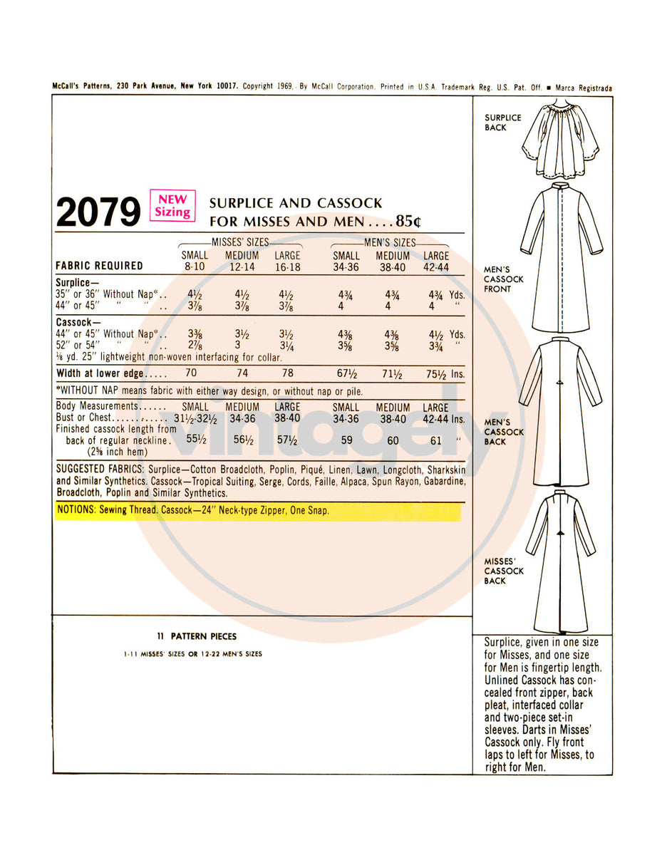 60s Mens' or Womens' Surplice and Cassock, Various Sizes, McCall's 207 ...