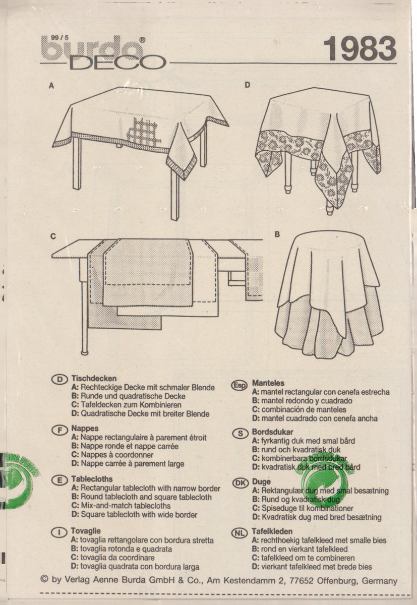 Burda 1983 Sewing Pattern, Table Linens, Uncut Factory Folded ...