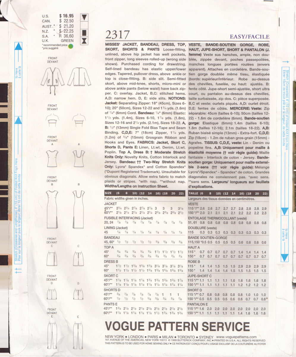 Vogue 2317 Sewing Pattern, Jacket, Bandeau, Dress, Top, Skort, Shorts ...