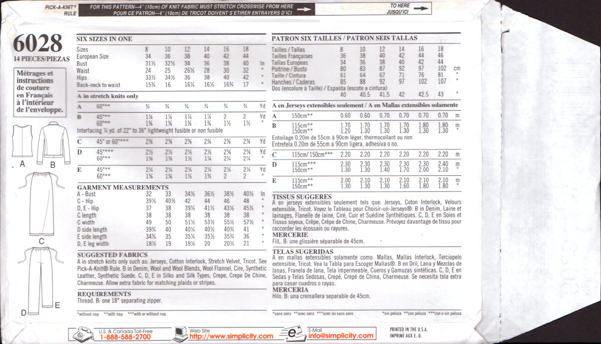 New Look 6028 Jacket, Sleeveless Top, Straight Skirt and Pants in Two ...