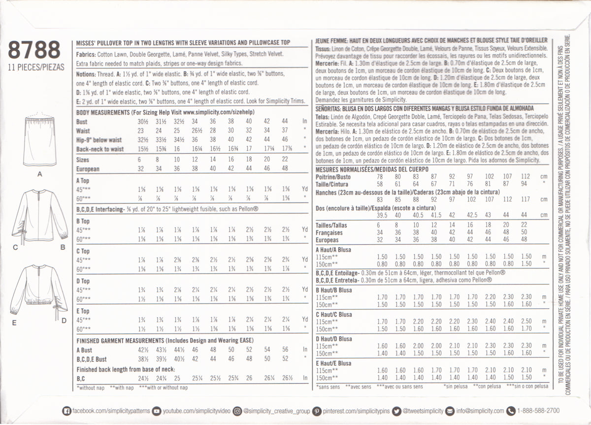 Simplicity 8788 Sewing Pattern, Women's Tops, Size 6-14, Uncut, Factor ...