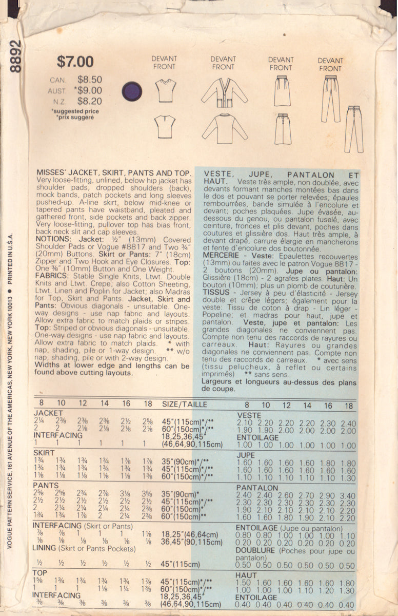 Vogue 8892 Sewing Pattern, Jacket, Skirt, Pants and Top, Size 10, Cut ...