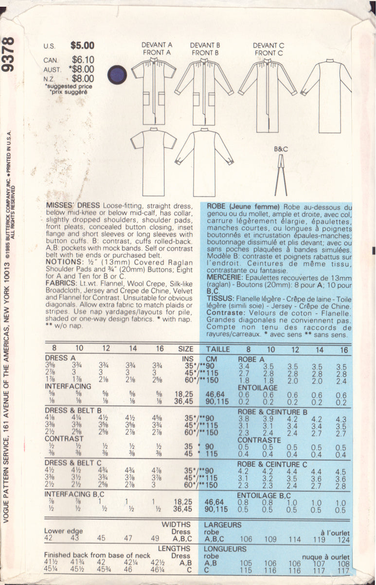 Vogue 9378 Sewing Pattern, Dress, Size 12, Uncut, Factory Folded ...
