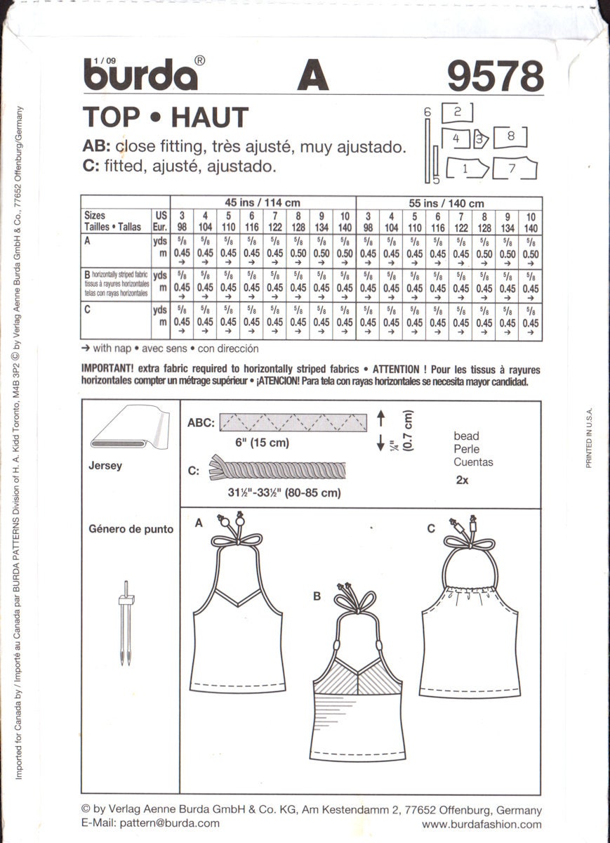 Burda 9578 Sewing Pattern Girls' Top Size 3-10 Uncut Factory Folded ...