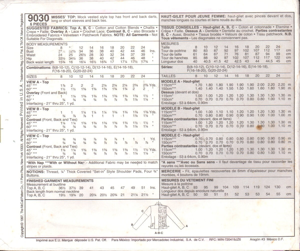 McCall's 9030 Sewing Pattern Top 8-10-12 Uncut Factory Folded ...