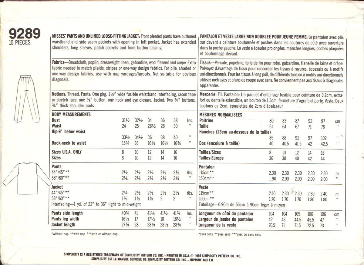 Simplicity 9289 Front Pleated Pants and Unlined, Front Buttoned, Loose ...