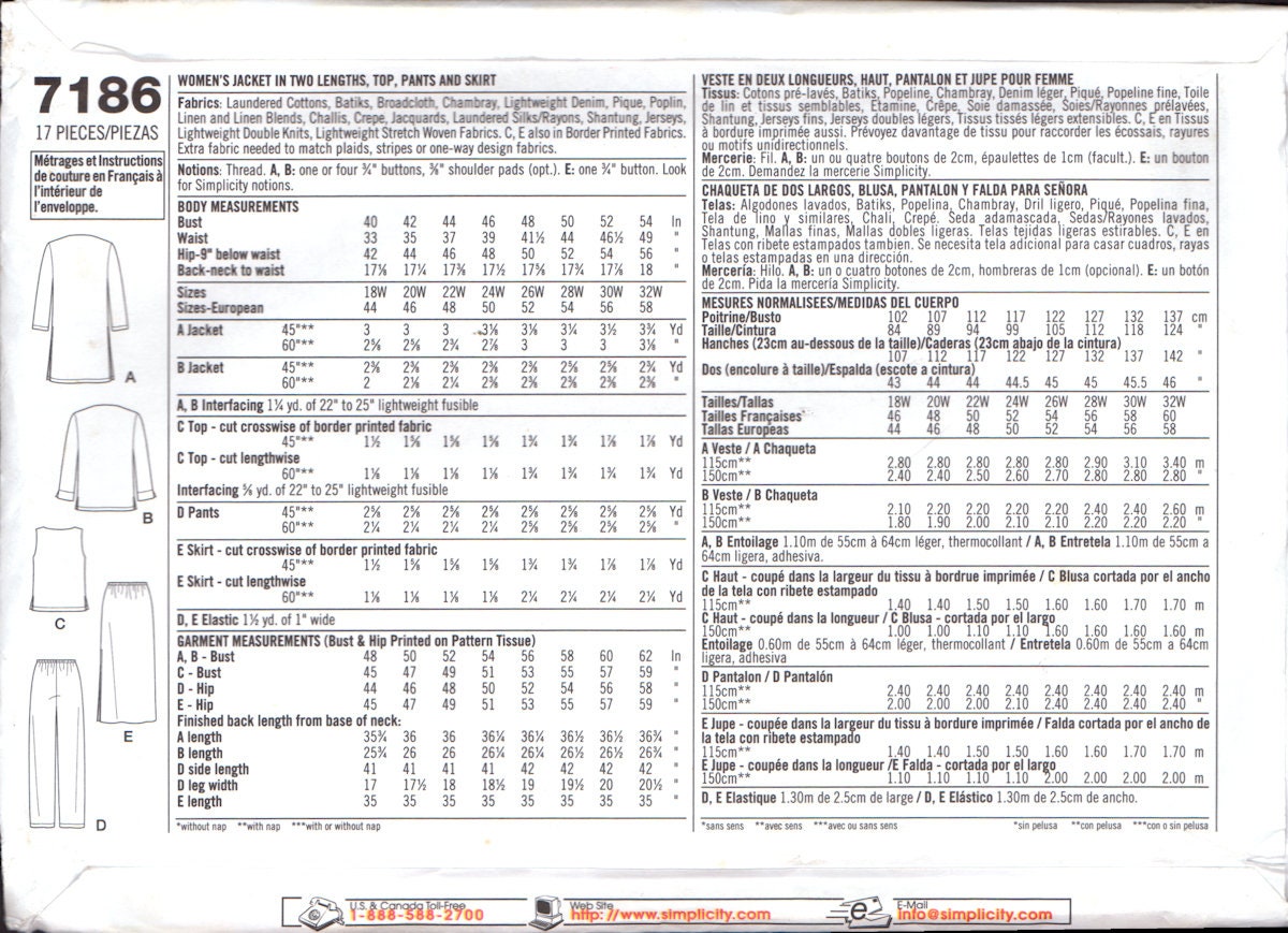 Simplicity 7186 Sewing Pattern Jacket Top Skirt Pants Size 26-32 Uncut ...