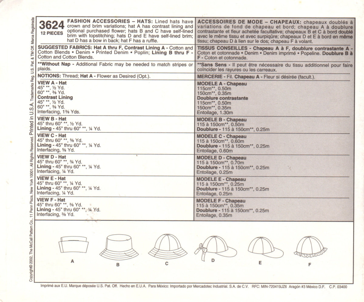 McCall's 3624 Sewing Pattern Hats Uncut Factory Folded – Patterns Central