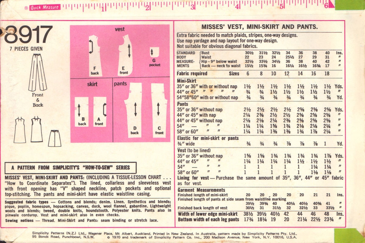 Simplicity 8917 Vest, Mini-Skirt and Pants, Uncut, Factory Folded Sewi ...