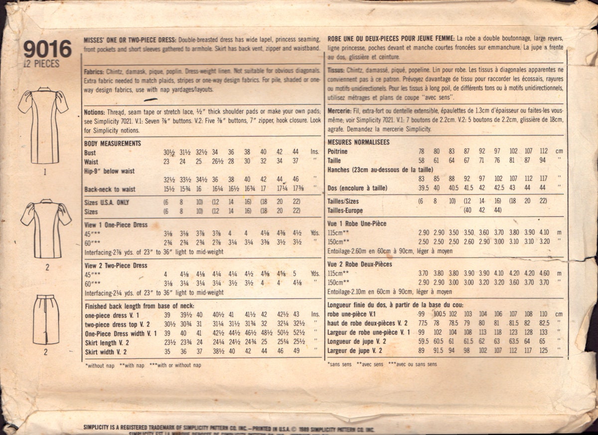 Simplicity 9016 Two-piece double breasted dress Size 12-14-16 Uncut Fa ...