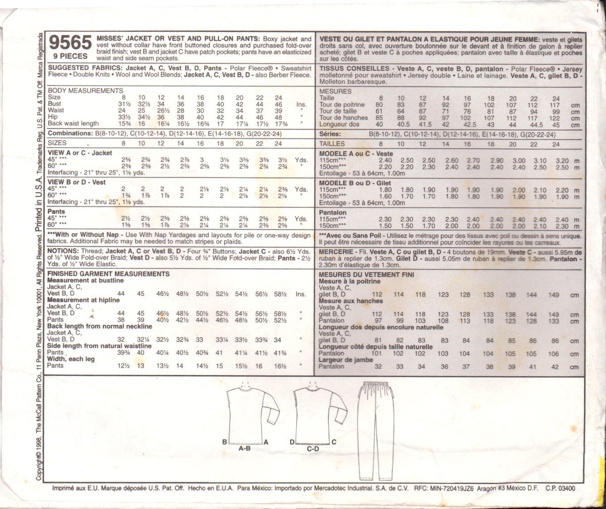 McCall's 9565 3-Hour Boxy Jacket or Vest and Pants, Sewing Pattern Siz ...