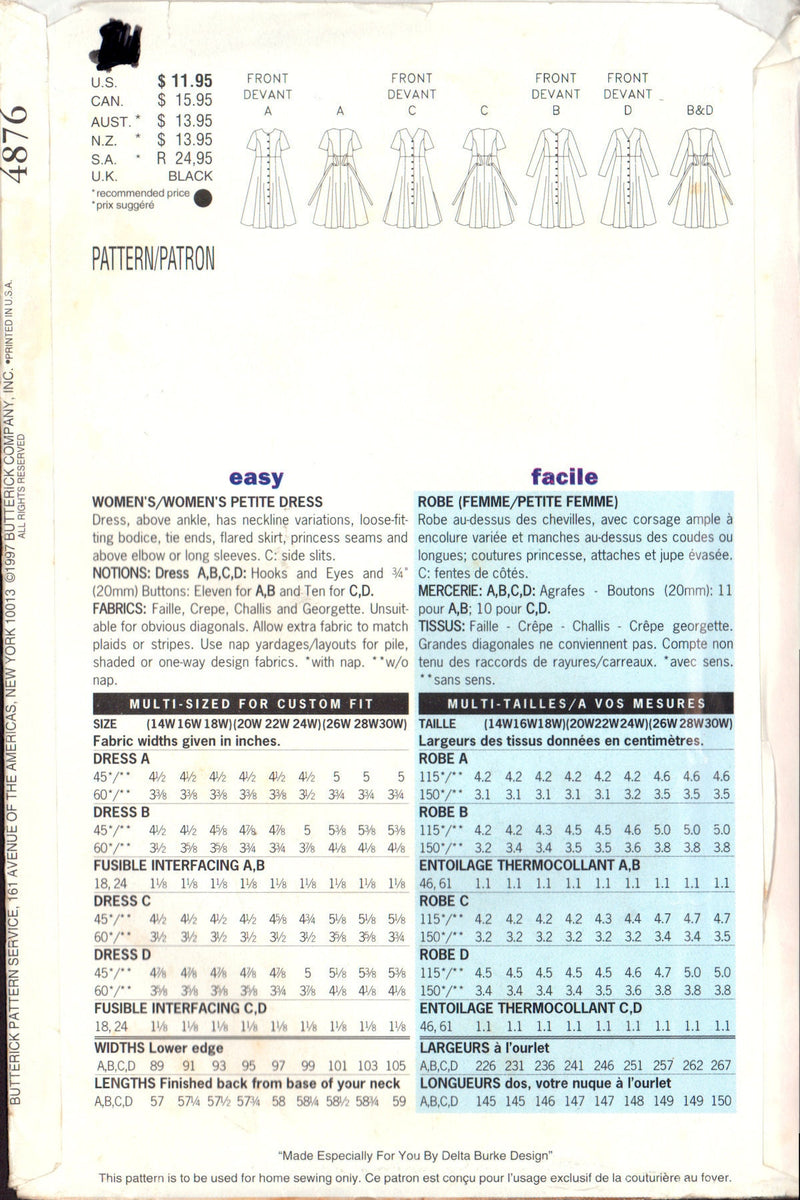 Butterick 4876 Delta Burke Dress with Neckline Variations, Tie Ends an ...