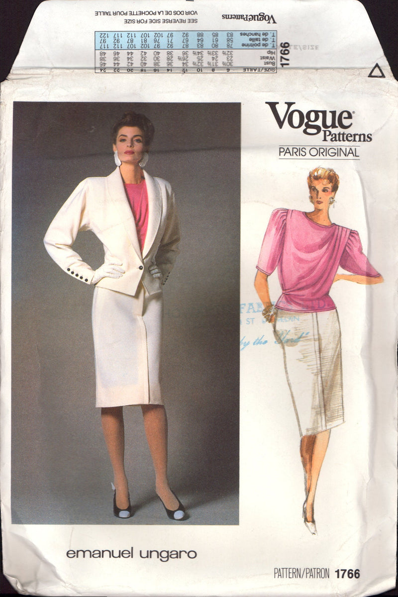 Vogue 1766 Emanuel Ungaro Lined Above Hip Jacket, Skirt and Blouse wit ...