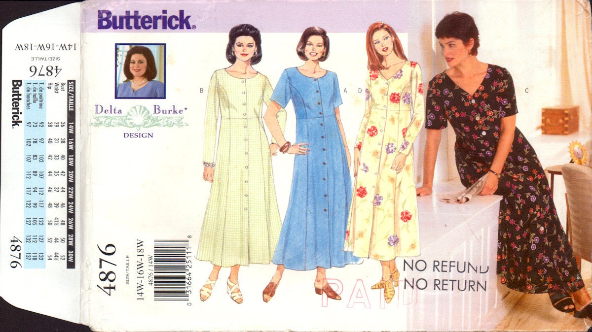 Butterick 4876 Delta Burke Dress with Neckline Variations, Tie Ends an ...