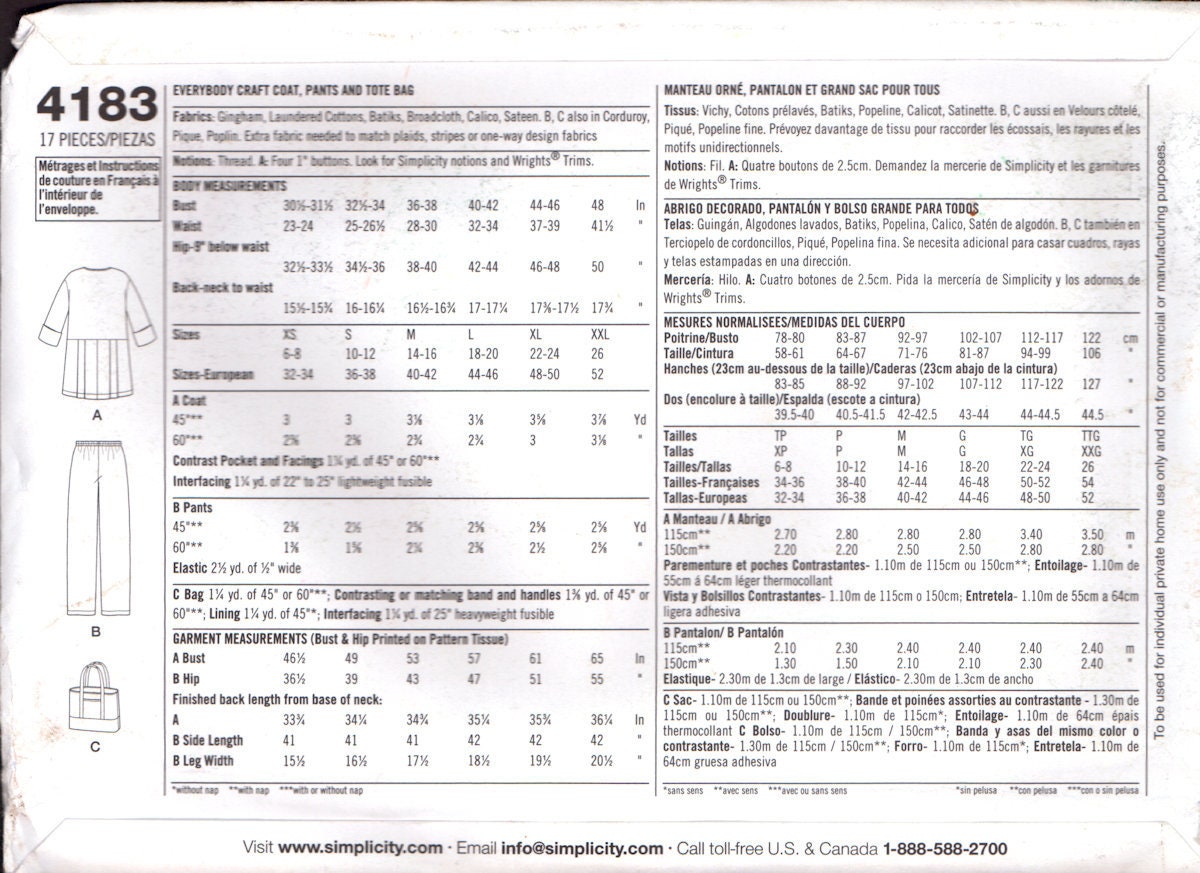 Simplicity 4183 Patty Reed Designs Craft Coat, Pants and Tote Bag, Unc ...