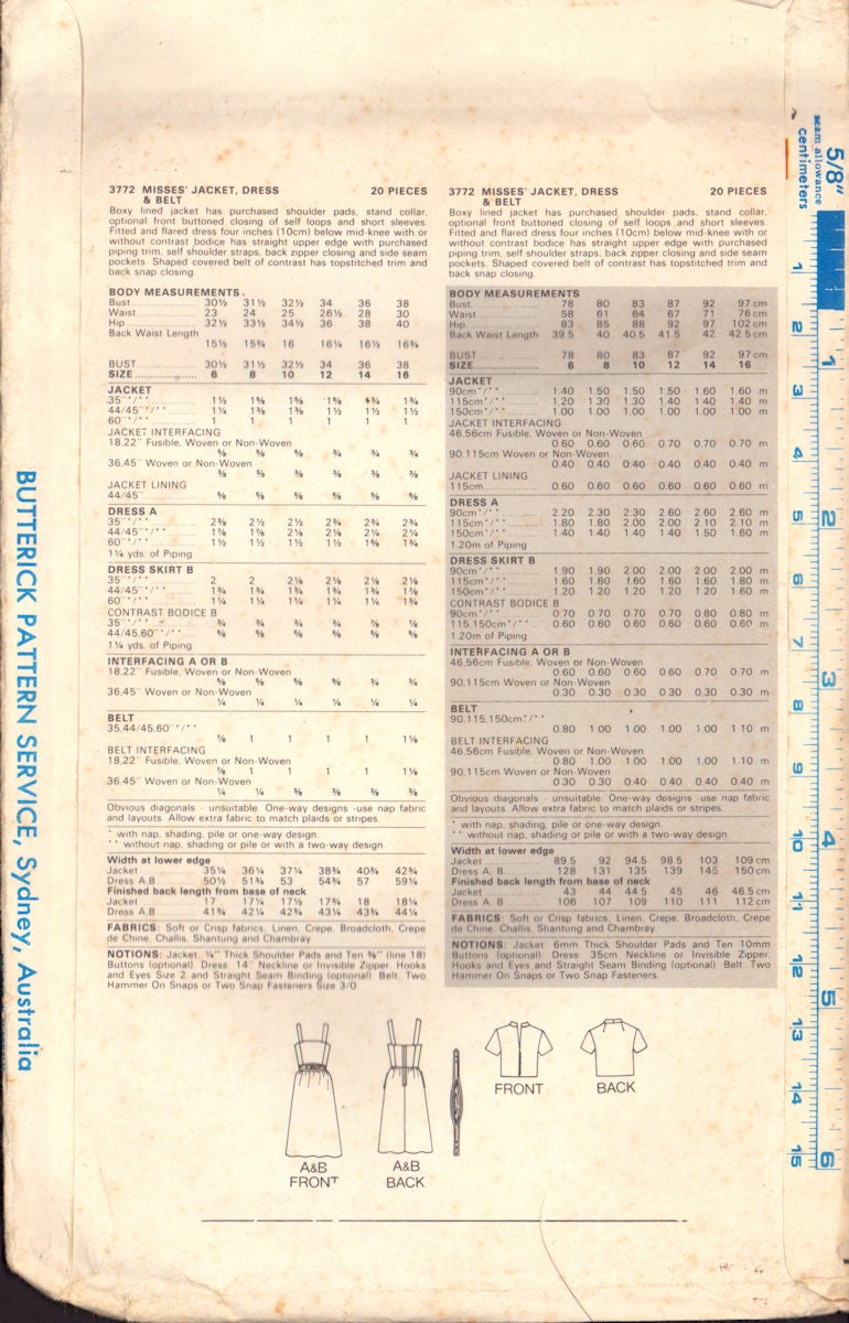 Butterick 3772 Jacket, Dress and Belt, Sewing Pattern, Size 14, Cut, C ...