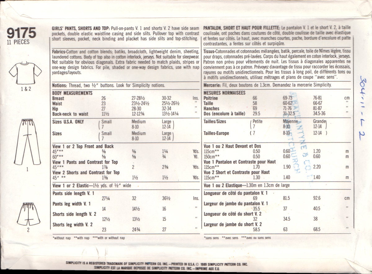 Simplicity 9175 Girls' Pants, Shorts and Top, Sewing Pattern Size 7-14 ...