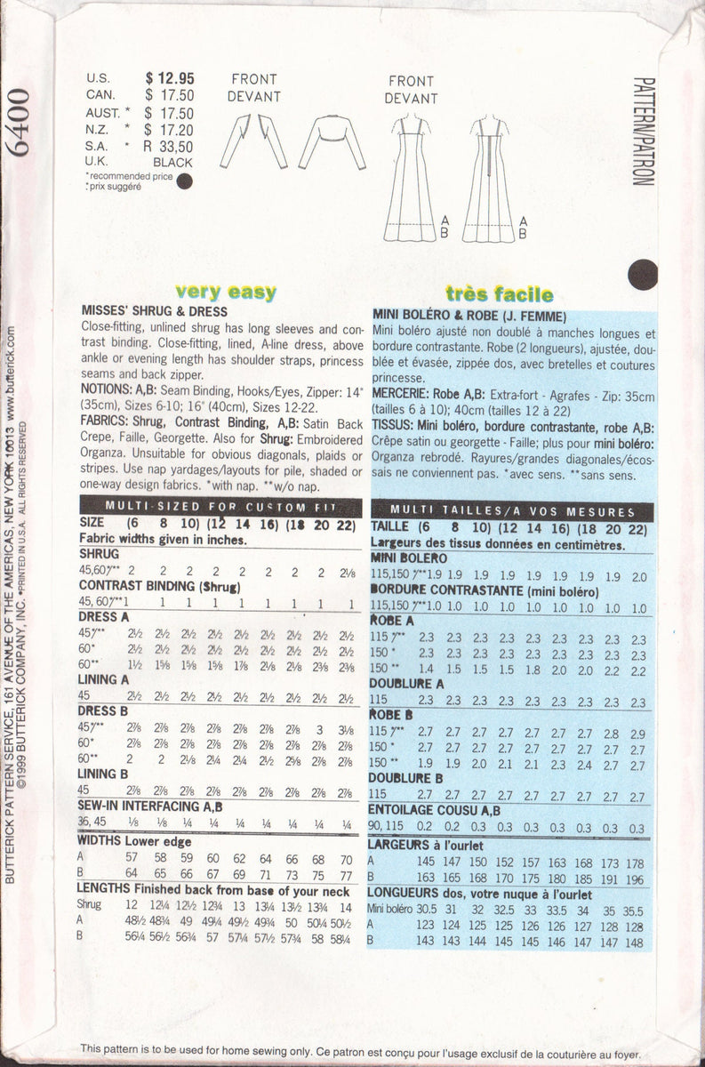 Simplicity 6400 Sewing Pattern, Shrug and Dress, Size 12-14-16, CUT, C ...