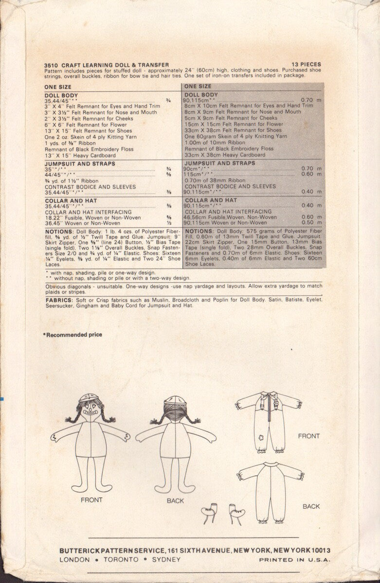 Butterick 3510 Sewing Pattern, 24 inch (60 cm) Doll Clothes, One Size ...