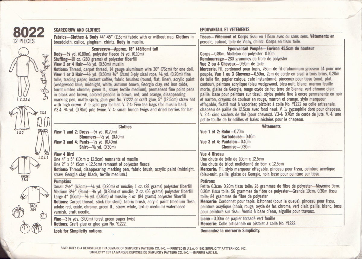 Simplicity 8022 Sewing Pattern, Scarecrow and Clothes, One Size, Uncut ...