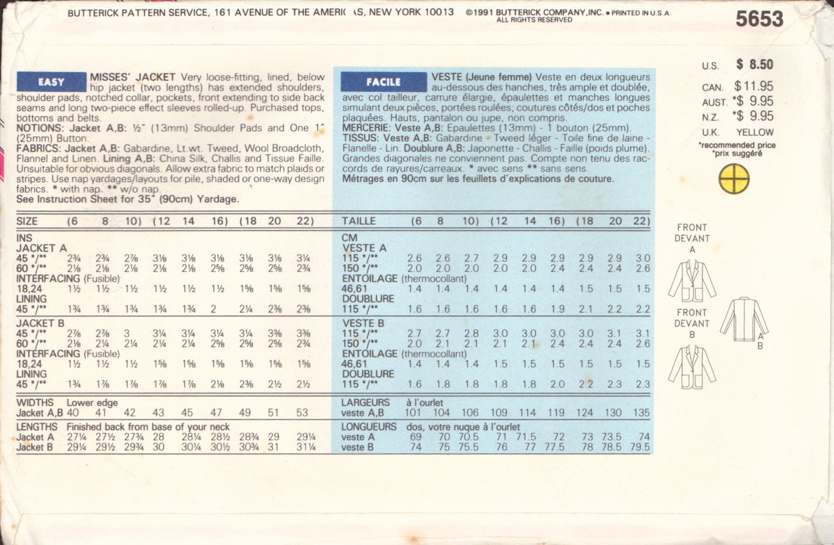 Butterick 5653 Sewing Pattern, Jacket, Size 12-14-16, Uncut, Factory F ...