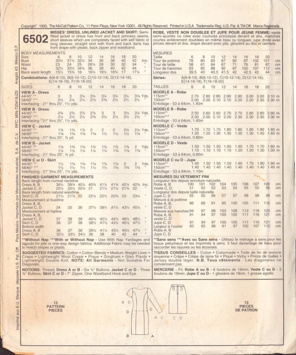 McCall's 6502 Sewing Pattern, Dress, Jacket and Skirt, Size 6-8-10, Un ...