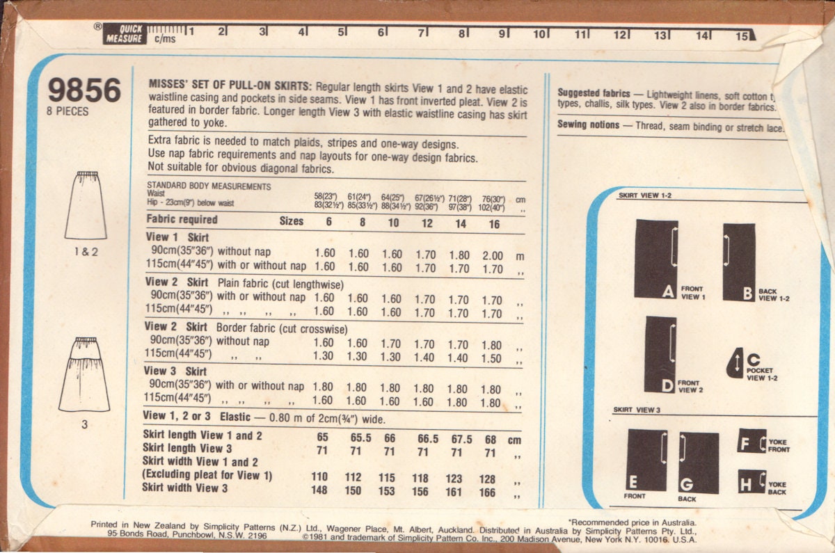 Simplicity 9856 Sewing Pattern, Set of Pull-On Skirts, Size 14, Cut, C ...