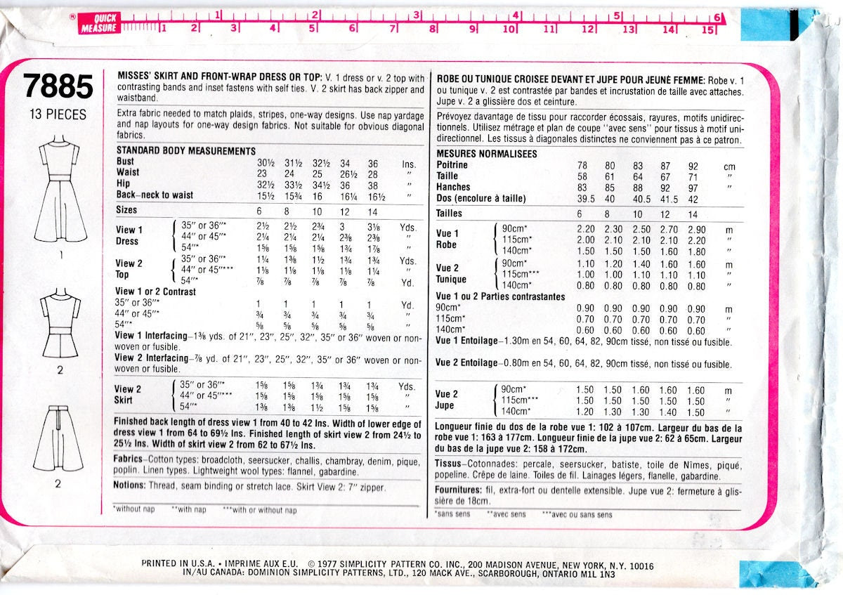 Simplicity 7885 Skirt and Front Wrap Dress or Top, Uncut, Factory Fold ...